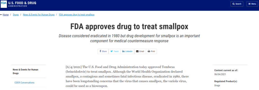 2021年6月4日、FDAは天然痘の治療薬Tembexa(テンベクサ)の承認を早めていた… 何故でしょうか？ – Simple ...